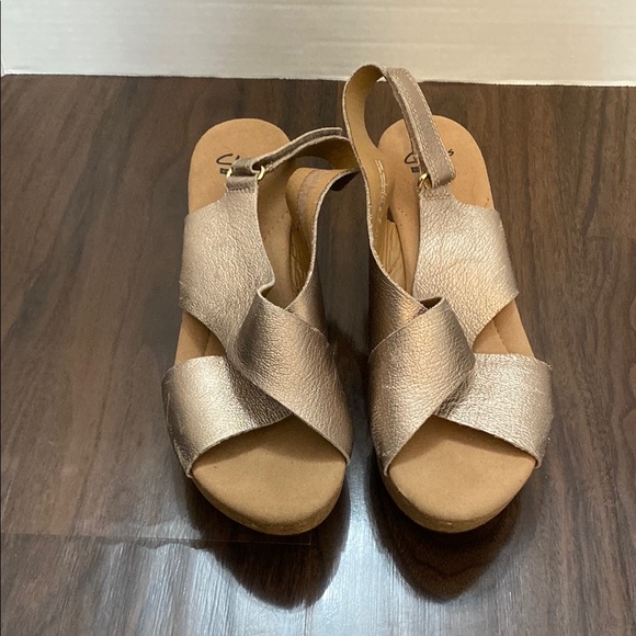 Clarks | Shoes | Clarks Gold Sandals With Platform Wedge Heel And Ankle ...